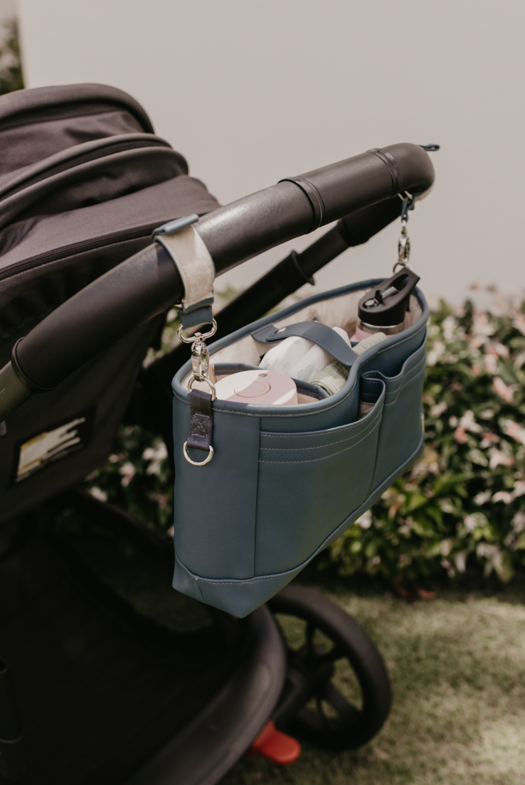 Faux Leather Stroller Organiser/Pram Caddy - Stone Blue – Husk and Will